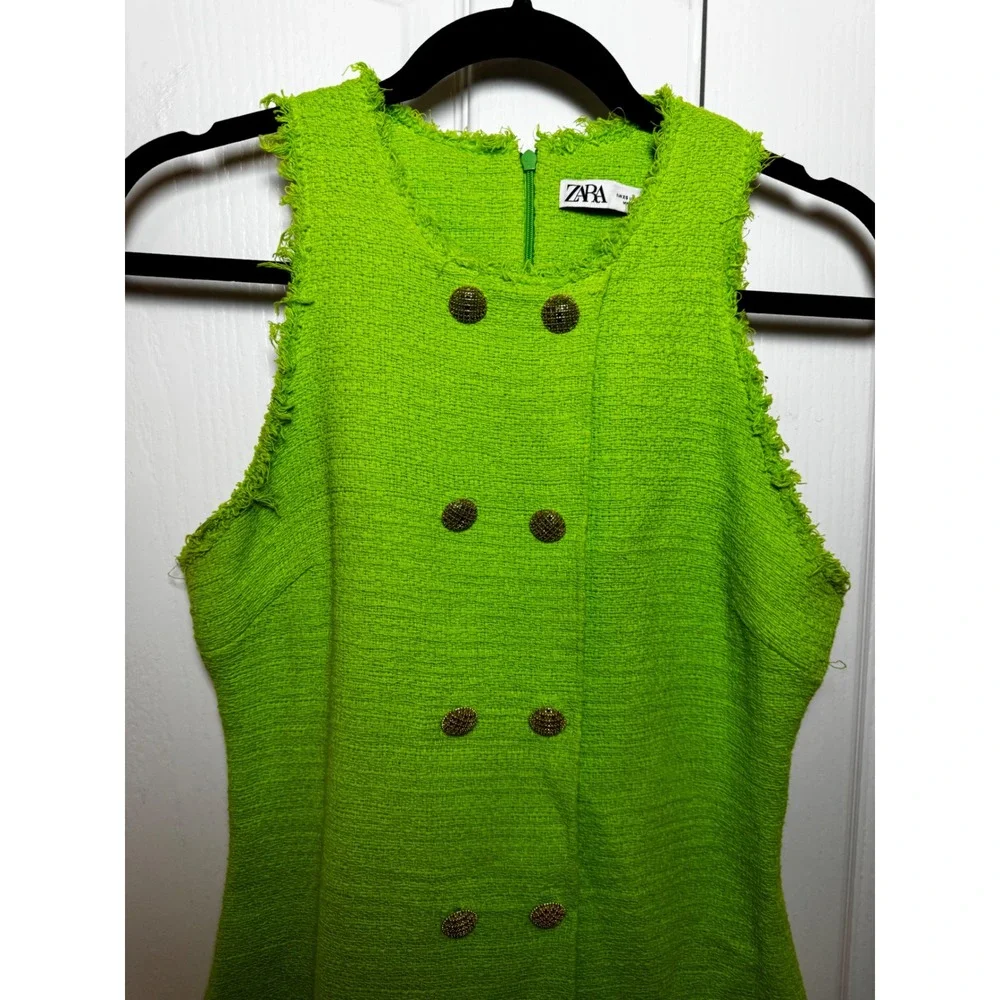 Zara | Dresses | Zara Neon Green Tweed Mini Dress Double Breasted Gold ...